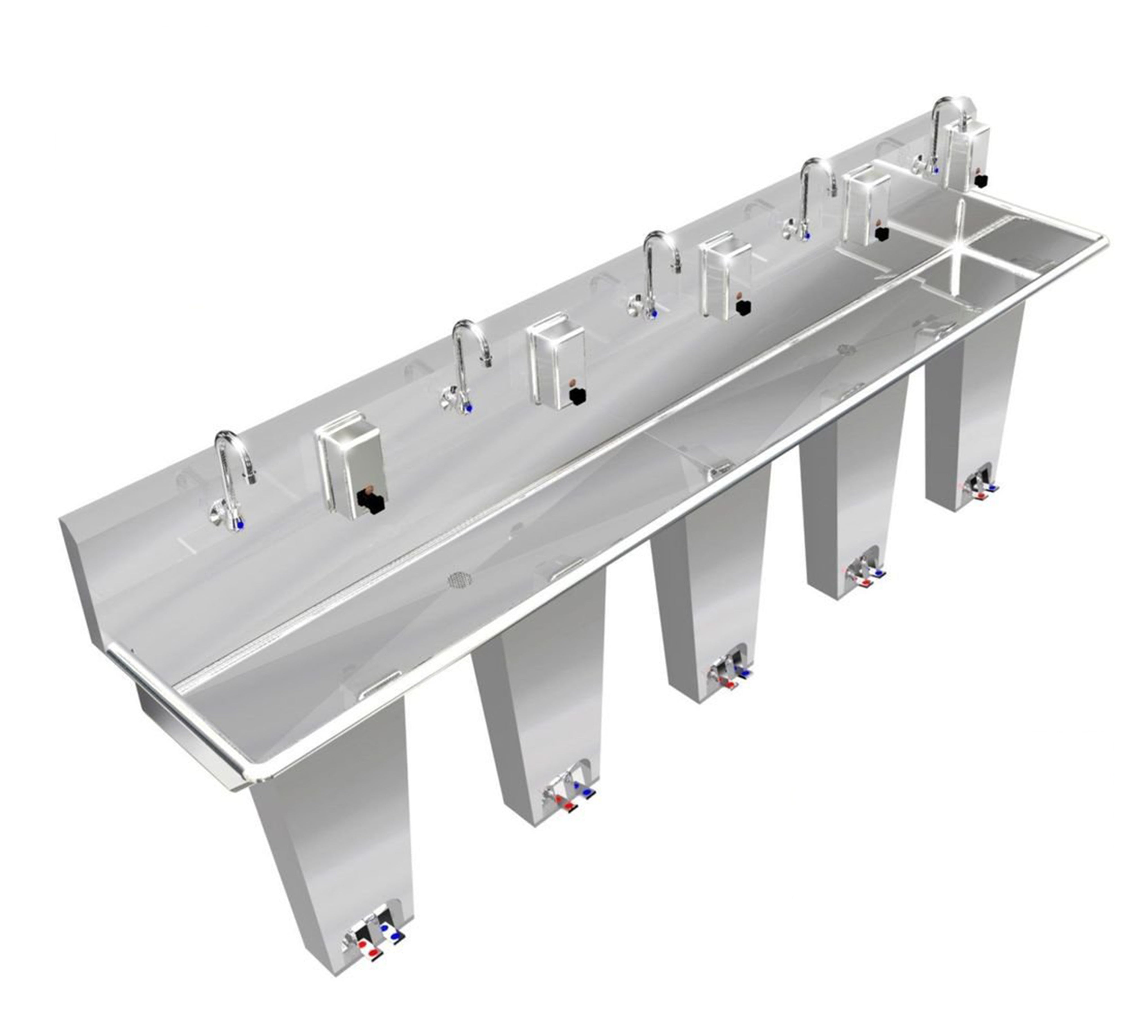 H.D. 14GA Multi-Station Wash up Sink, 120" Double Foot Pedal Column ...