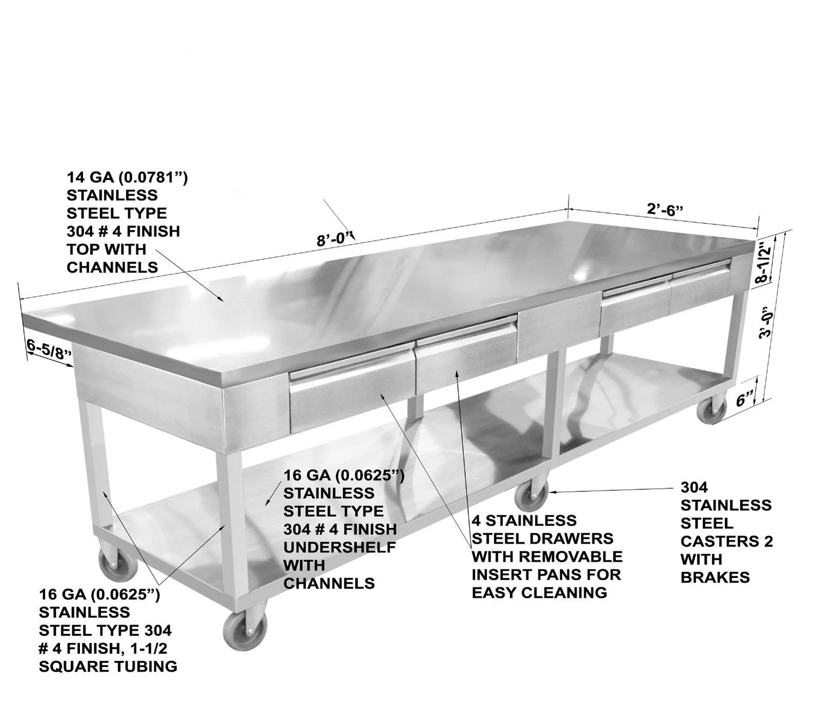 H.D. 14 GA PREP ISLAND TABLE 96" | S0-SSST963036 | commercial stainless ...